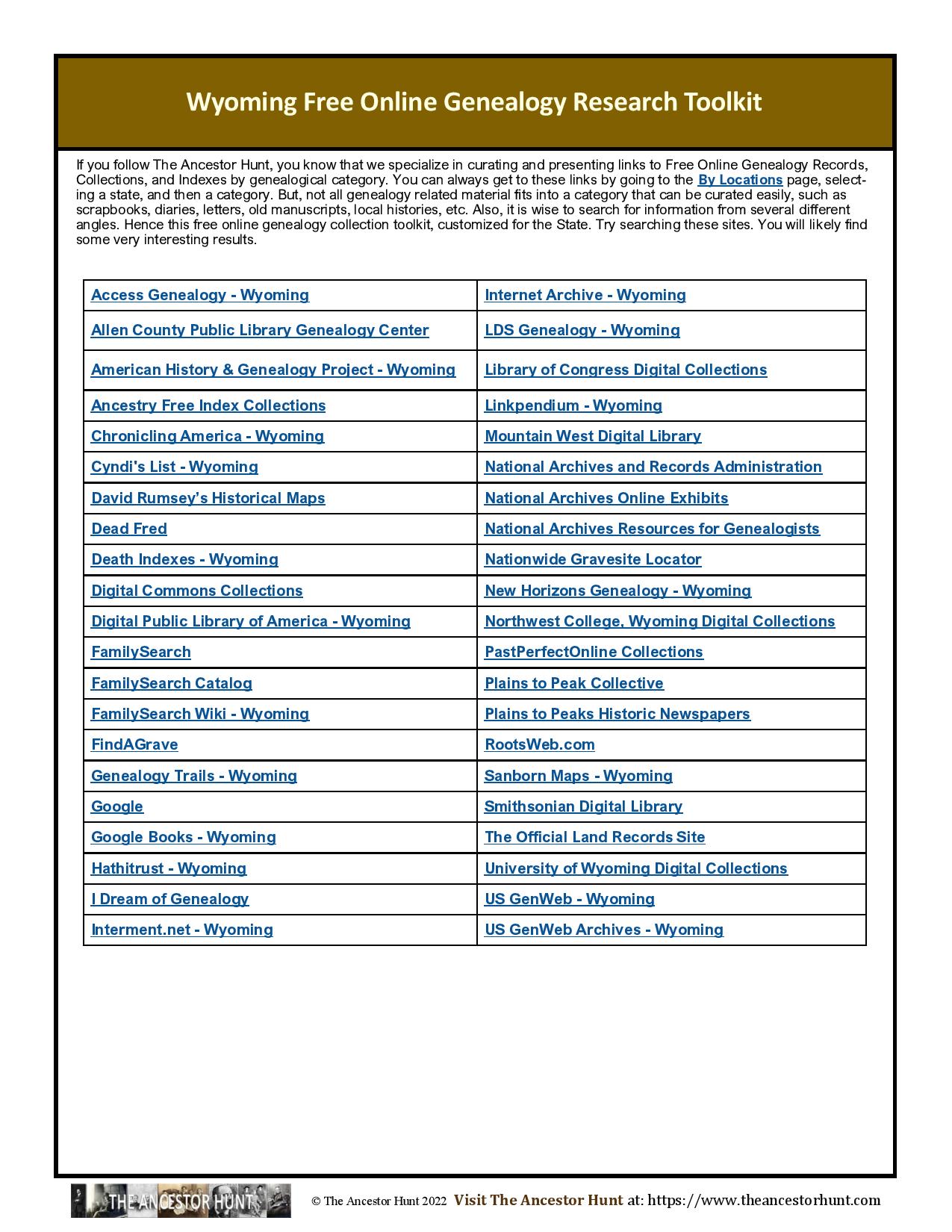 Wyoming Free Online Genealogy Research Toolkit – The Ancestor Hunt