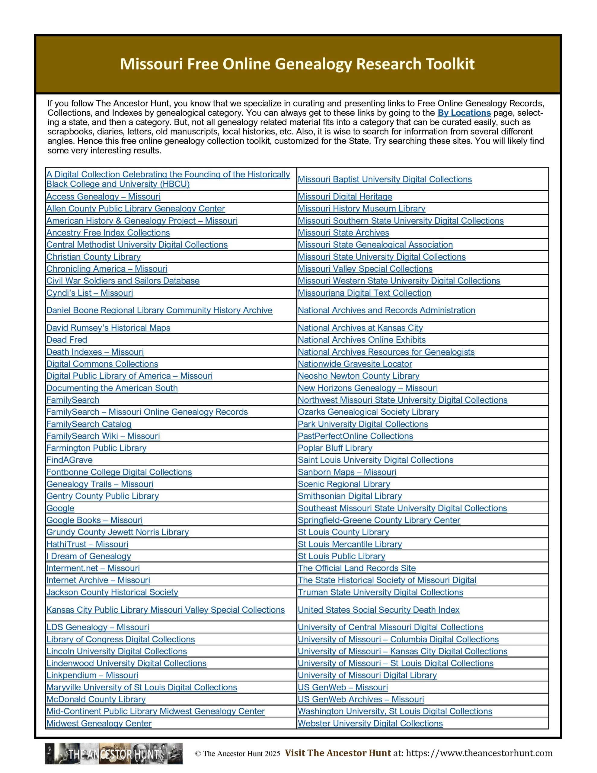 Missouri Free Online Genealogy Research Toolkit - The Ancestor Hunt
