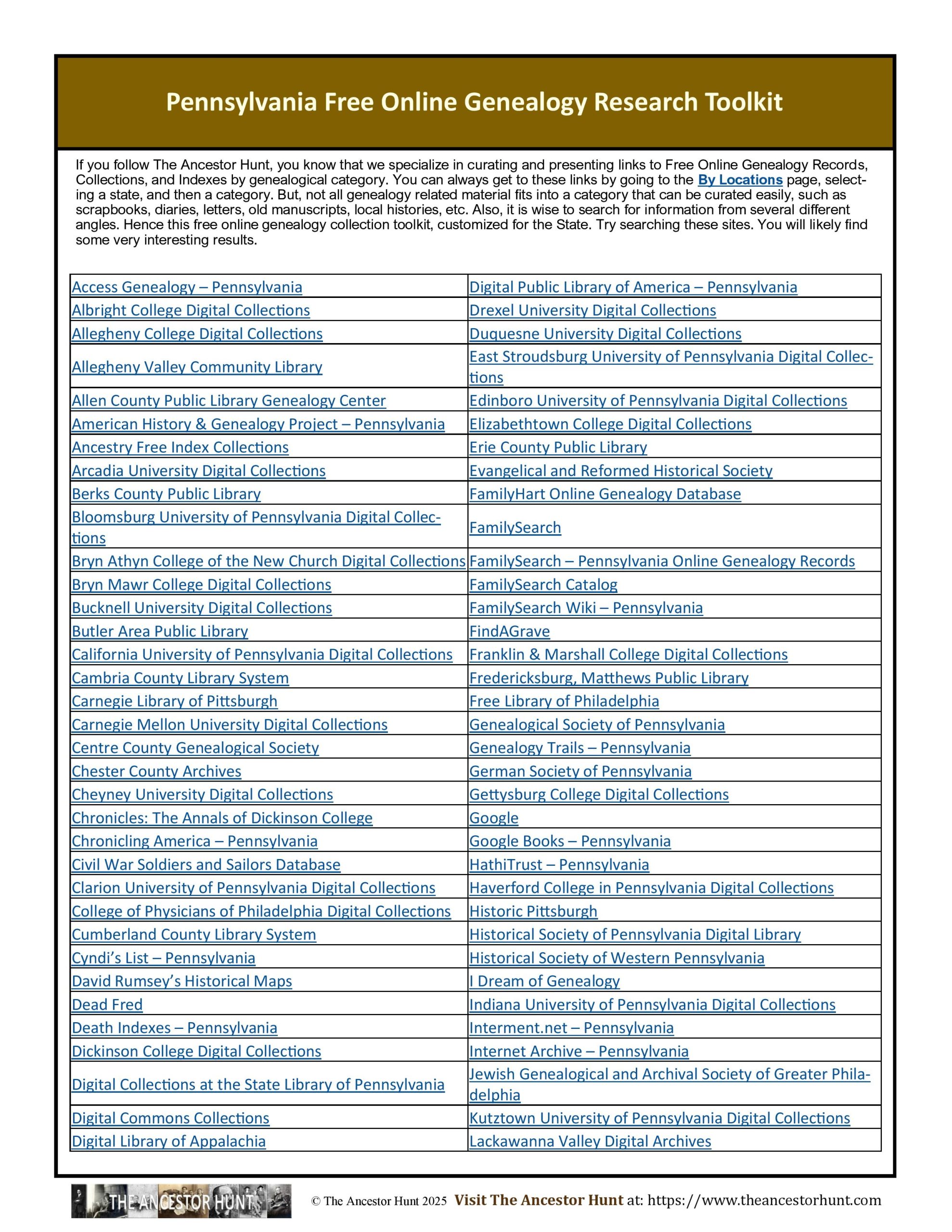 Pennsylvania Free Online Genealogy Research Toolkit - The Ancestor Hunt