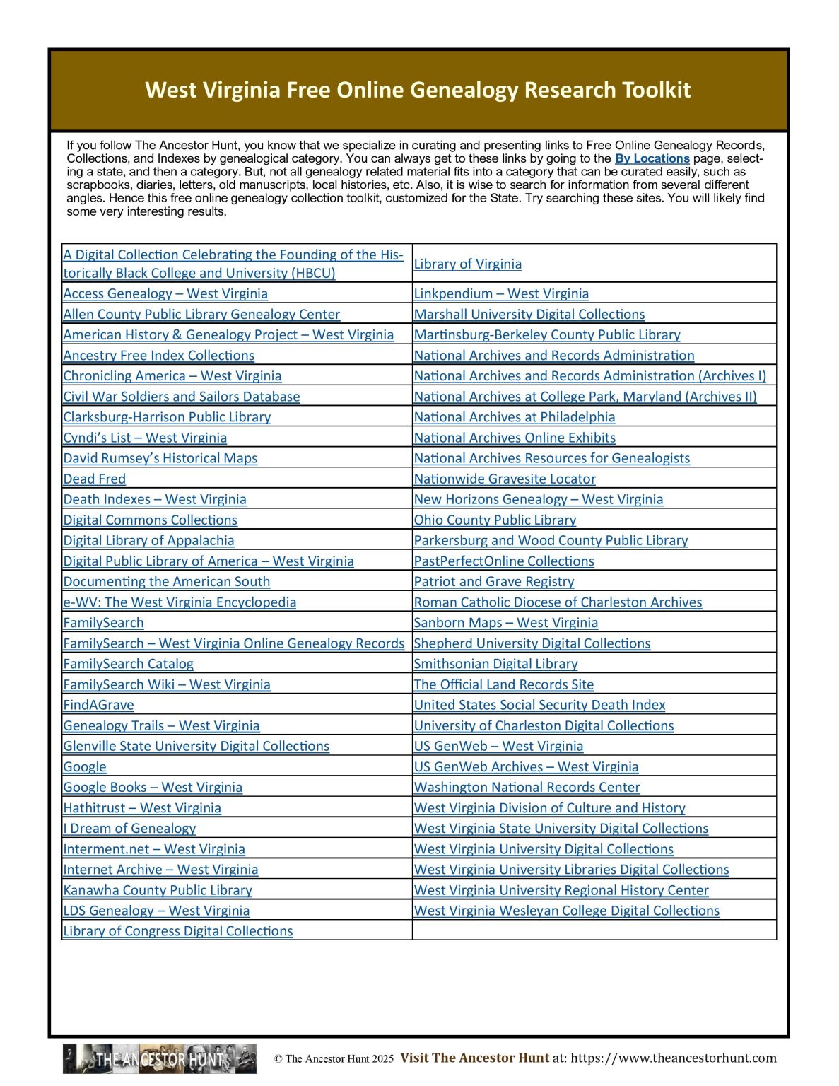 West Virginia Free Online Genealogy Research Toolkit - The Ancestor Hunt
