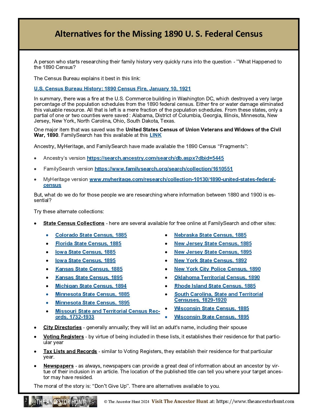 Alternatives for the Missing 1890 U. S. Federal Census - The Ancestor Hunt