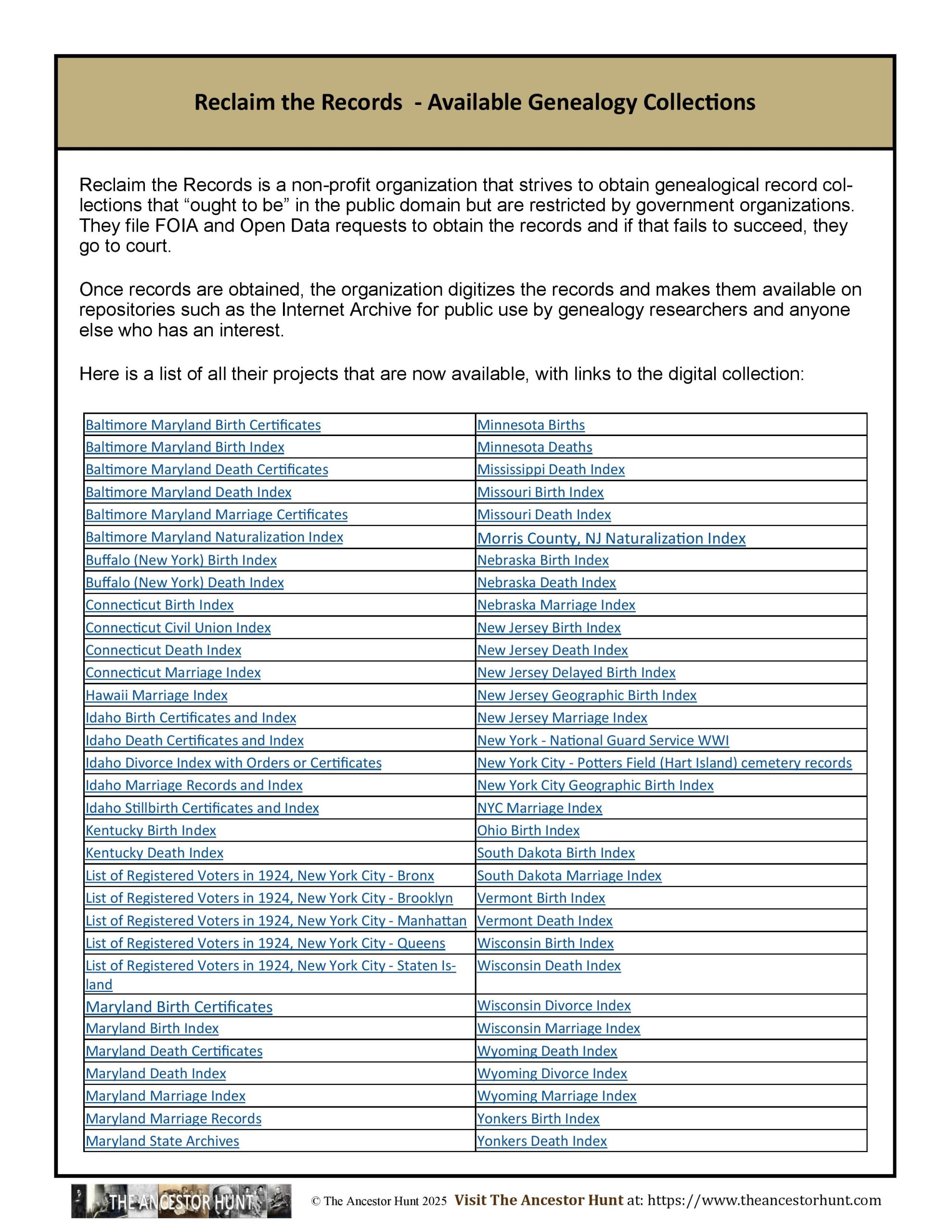 Reclaim the Records - Available Genealogy Collections - The Ancestor Hunt