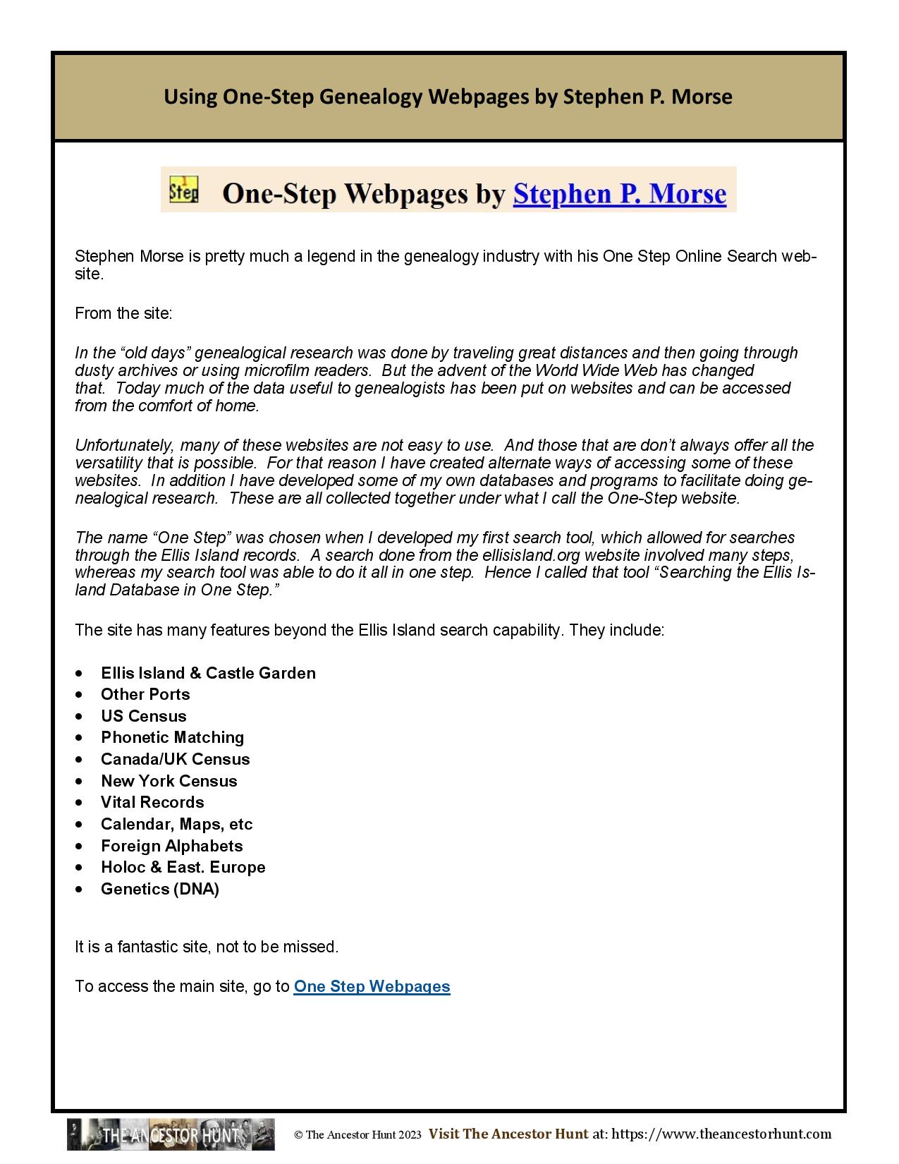 Using One-Step Genealogy Webpages by Stephen P. Morse - The Ancestor Hunt