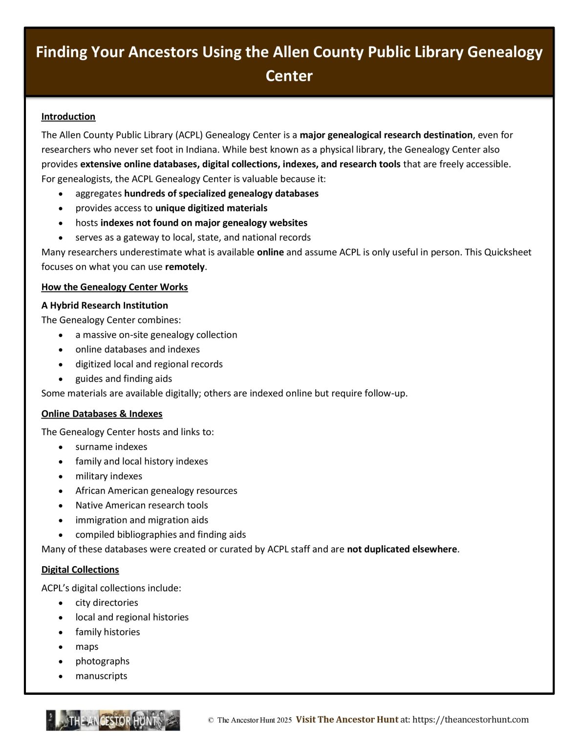 Finding Your Ancestors Using the Allen County Public Library Genealogy ...